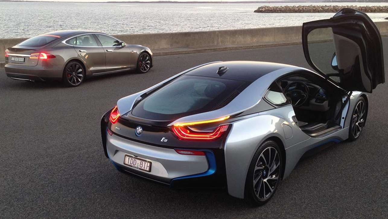 BMW i8 vs Tesla Model S 2015 review hybrid vs electric CarsGuide